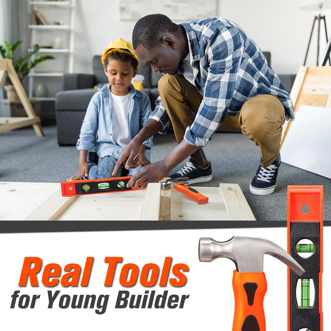 REXBETI 18pcs Young Builder's Tool Set with Real Hand Tools, Reinforced Kids Tool Belt, Waist 20"-32", Kids Learning Tool Kit for Home DIY and Woodworking