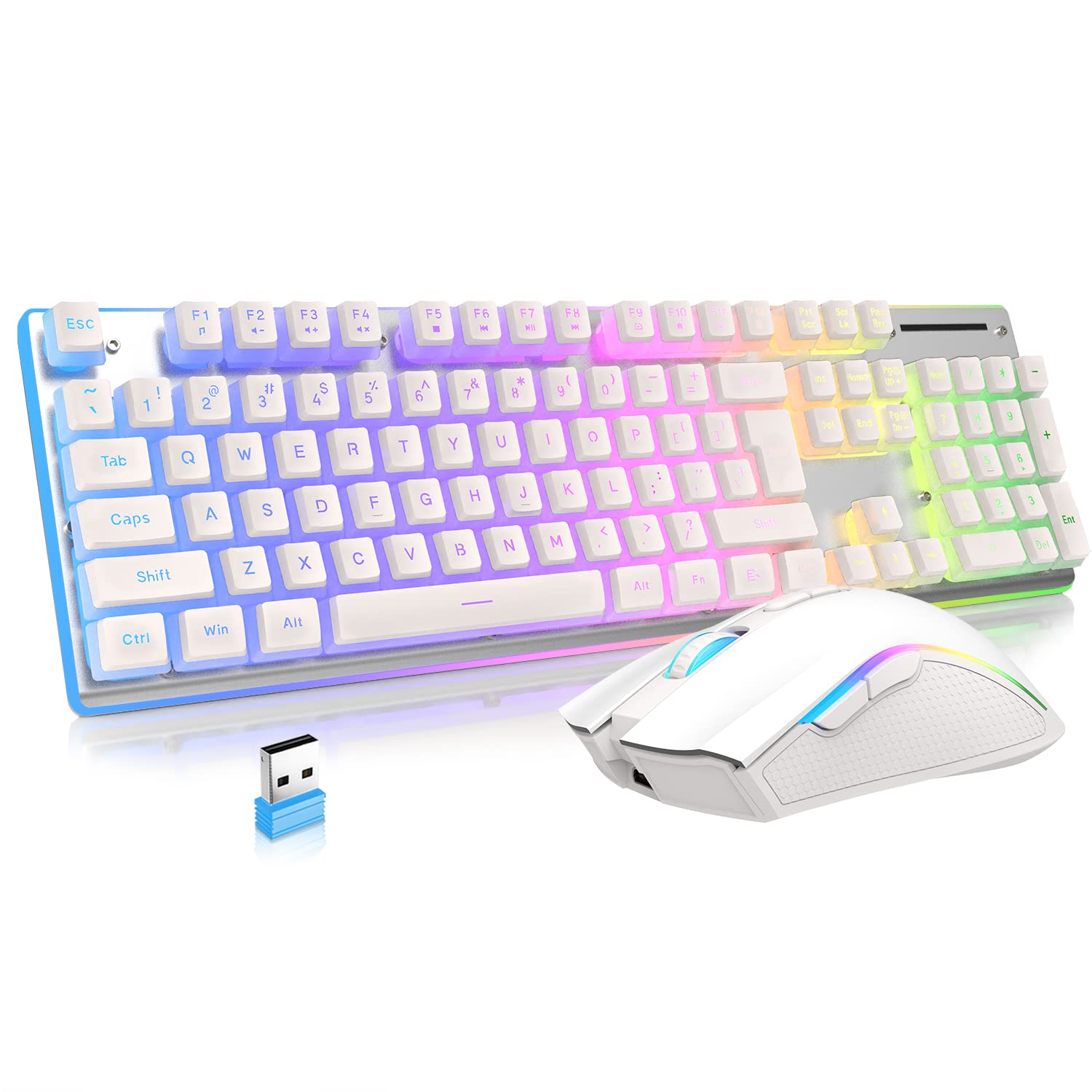 FELICON L96 Wireless Keyboard Mouse Combo, 3650mAh Rechargeable RGB Full Size Keyboard with Pudding Keycaps, Ergonomic Mechanical Feel 4800 DPi Rainbow Led Mute Mouse 2.4G USB for PC/Mac(White)
