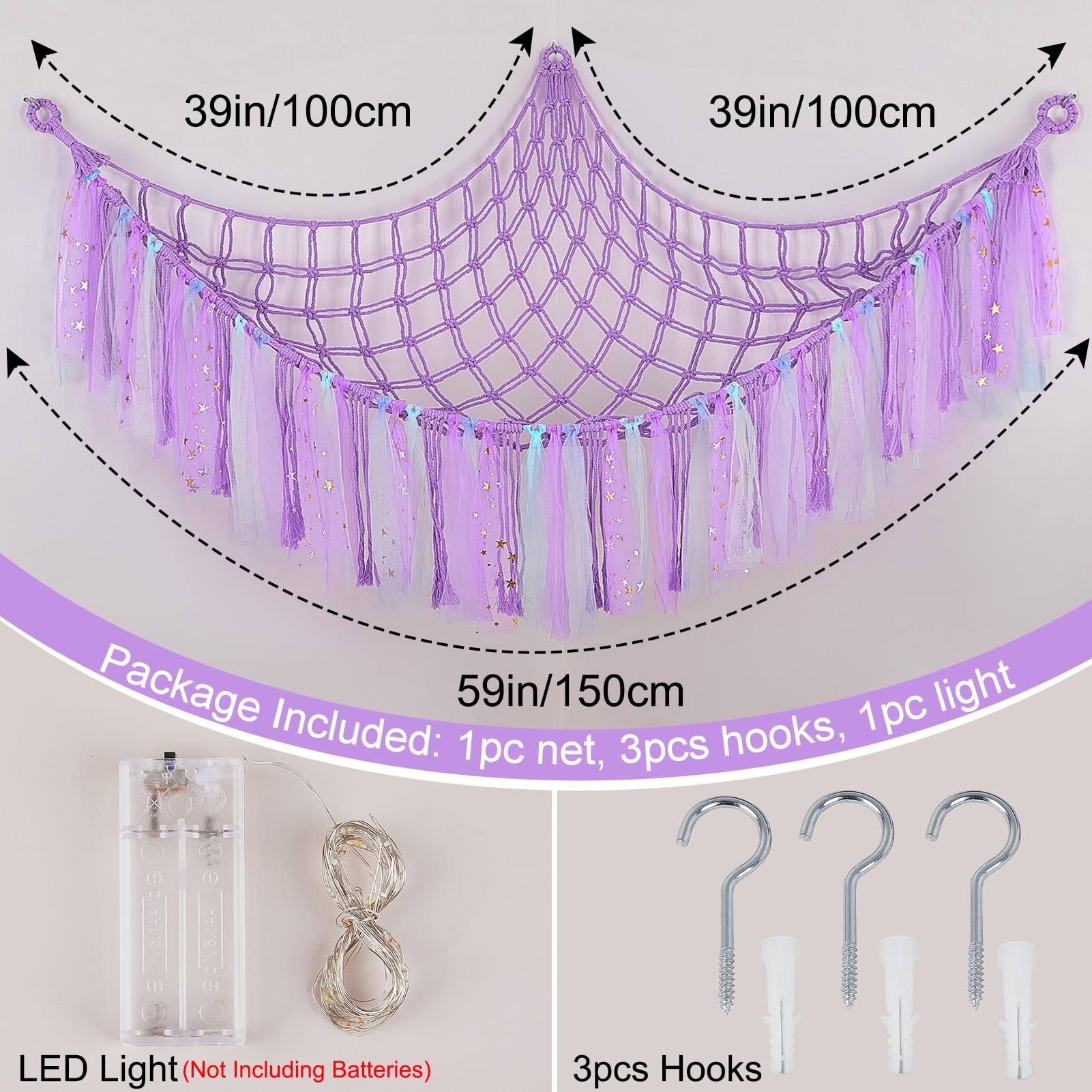 FIOBEE Stuffed Animals Net or Hammock with LED Light, Toy Hammock Hanging Stuffed Animals Storage Organizer Holder Room Décor for Nursery Kids Bedroom