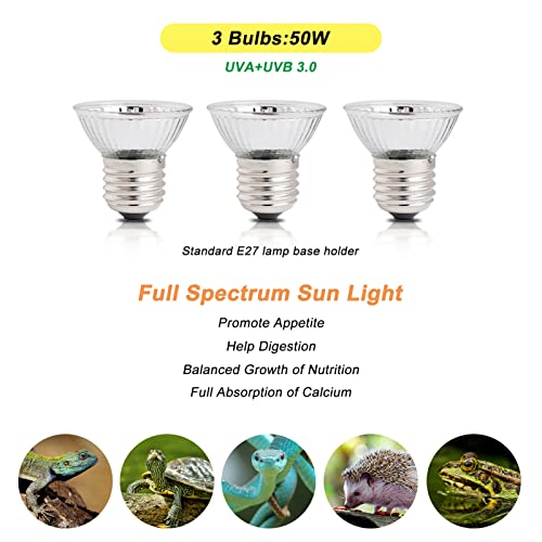 Reptile Heat Lamp Fixture ,360°Rotatable Clips and Adjustable Switch Holder Clamp Lamp with 3 Pcs 50W UVA UVB Full Spectrum Sun Lamp for Turtle Lizard Snake Aquarium Chameleons Amphibians(Black)