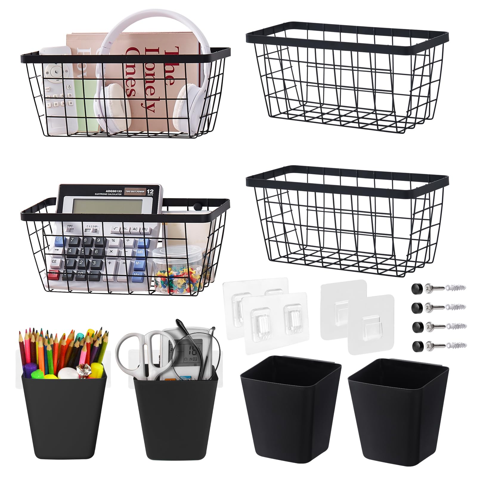 LIGHT DUST Wall Hanging Baskets - 8 Set Black Baskets & Cups Wire Basket Metal Wall Organizer Bins for Kitchen Pantry Cabinet Bathroom Shower Door RV [Included Adhesive Hooks & Wall Mounted Screws]