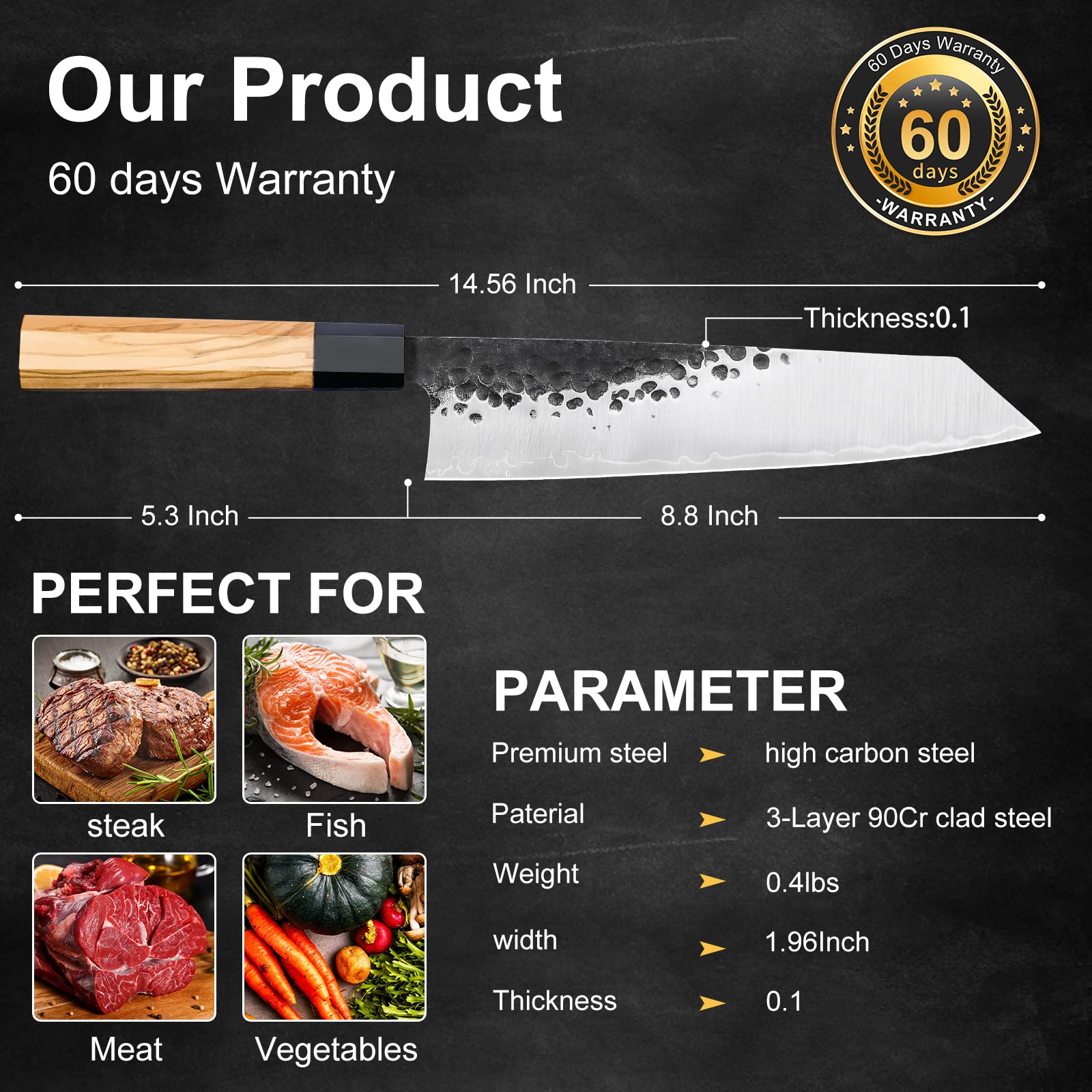 Ink Plums 9 Inch Kitchen Kiritsuke Chef Knife, High Carbon Stainless Steel With Professional Hand Forged Cooking Knife, (Olivewood Handle & Gift Box)