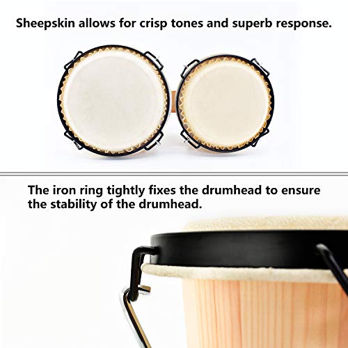 MUSICUBE Bongo Drum Set with Tuning Wrench Professional Wooden Percussion Instrument for Beginner Adults Kids (Natural Skin)