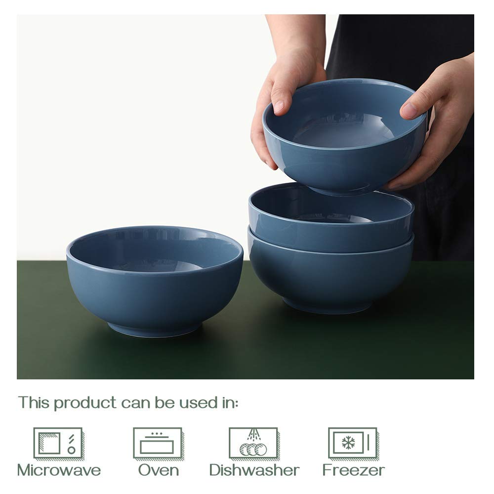 DOWAN 22 Ounces Porcelain Cereal Bowls, Soup Bowls, Bowl Set of 4,Sturdy and Stackable, Dishwasher Microwave Safe, White Bowls for Rice Pasta Salad Oatmeal, Turquoise & AIRY BLUE