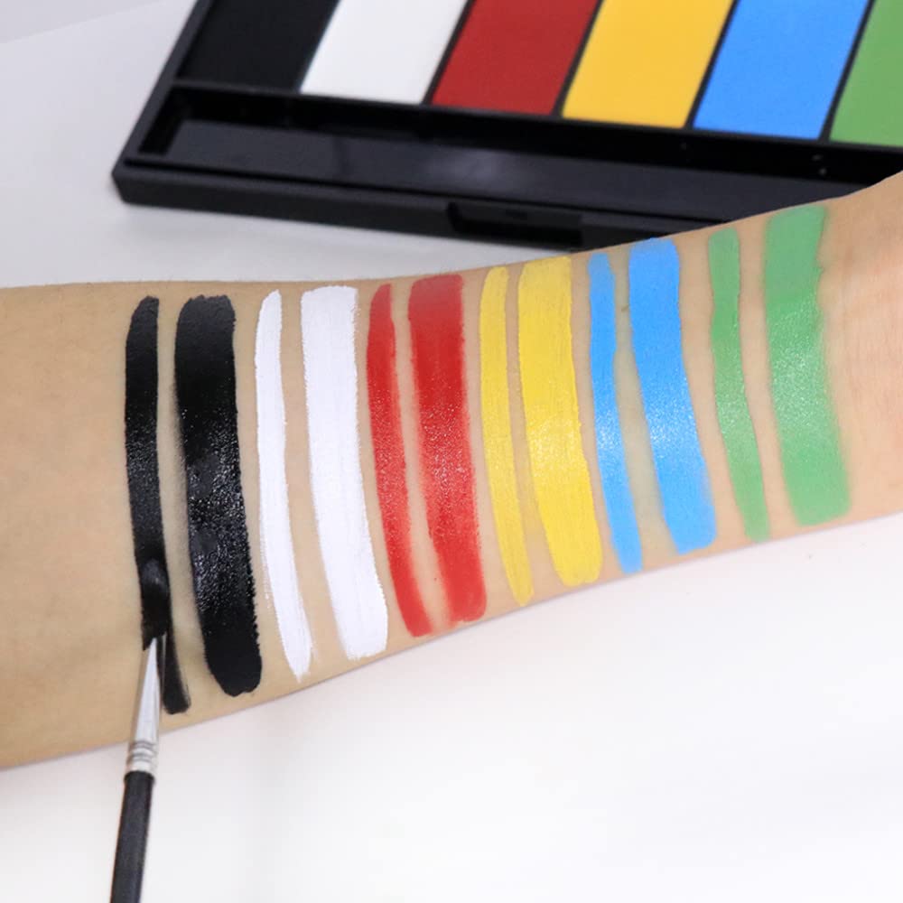 Go Ho White Red Black Face Body Paint(2.1 oz),Water Based Blue Yellow Green Face Painting Set,6 Colors for Special Effects Zombie Vampire Skeleton Clown Witch Halloween Costume Makeup with 2 Brushes