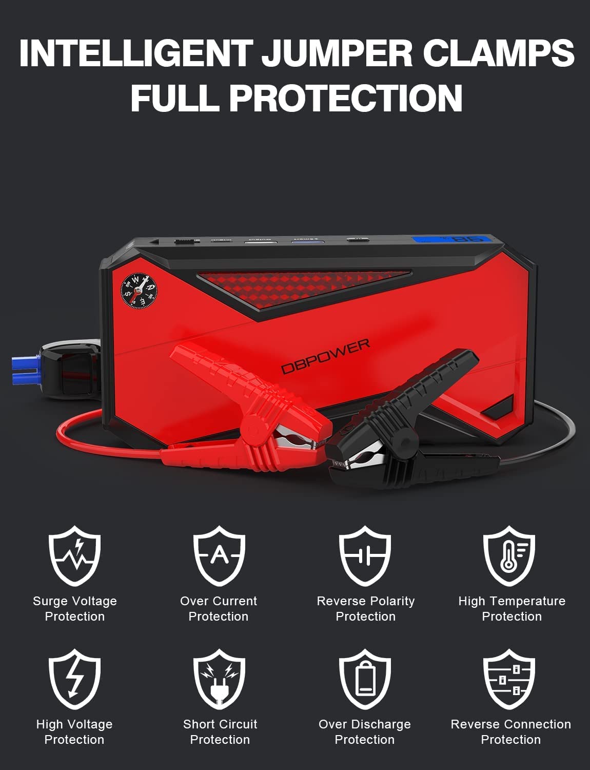DBPOWER 1600A Peak Car Jump Starter 17200mAh Portable Jump Starter (up to 7.2L Gas, 5.5L Diesel Engines) Car Battery Booster Pack with LCD Screen, Smart Charging Port, Compass, and LED Light