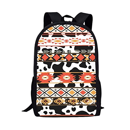 Girl Aztec Cow Print Backpacks for School Elementary Kids Zipper Large Capacity Comfy Lightweight Bookbag 17 Inch Adjustable Straps Personalized Daypack