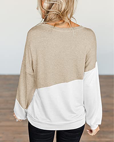 Dbtanjy Womens Casual Sweatshirt Relaxed Pullover - Long Sleeve Color Block Tops Loose Fitting Crew Neck Shirts(Z-Beige,Small,Small)