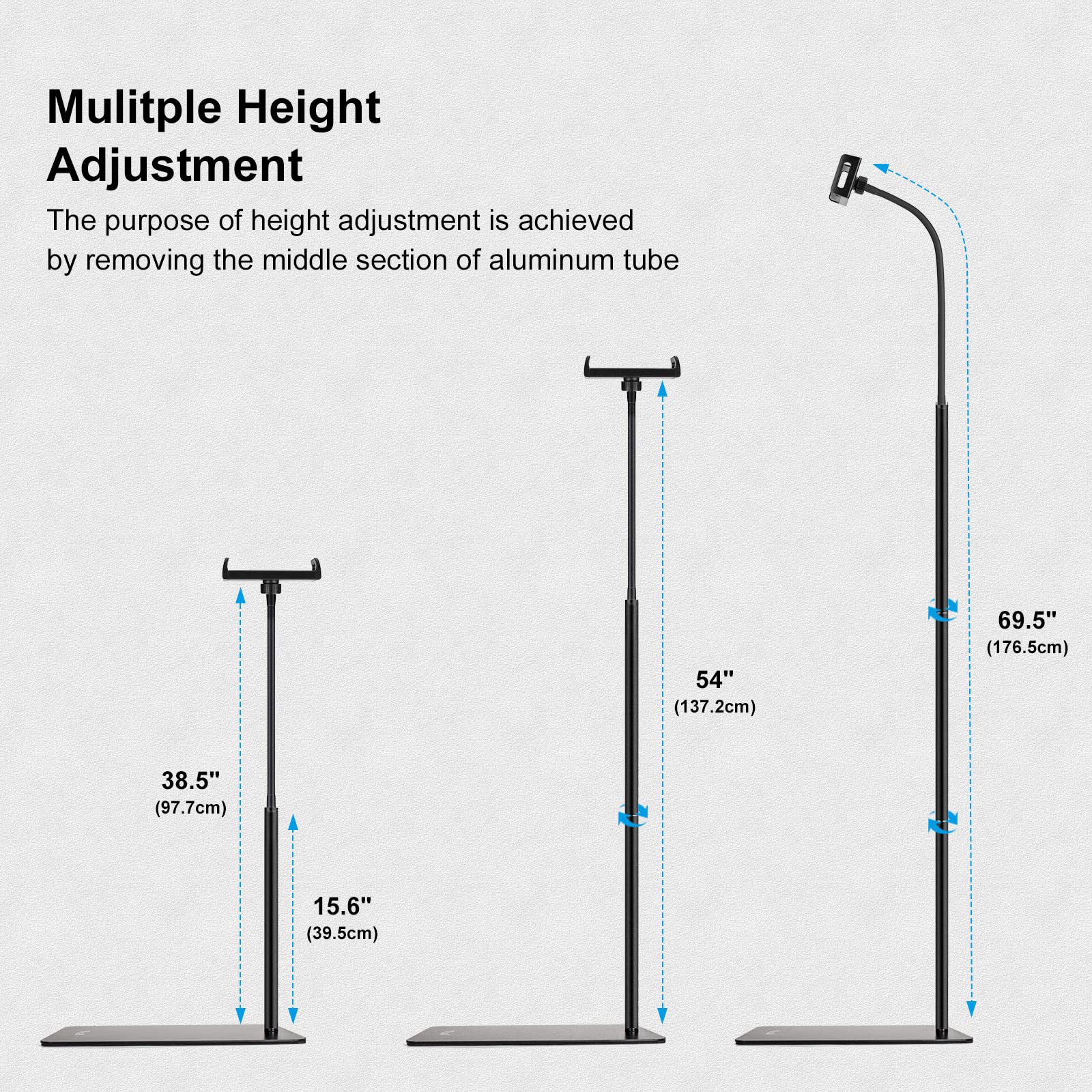 PHOPIK iPad Floor Stand, Height Adjustable, Heavy Duty Aluminum Alloy, Fits Devices 4.3-9.8 Inches, Stable Tablet Holder for Home, Office, Classroom