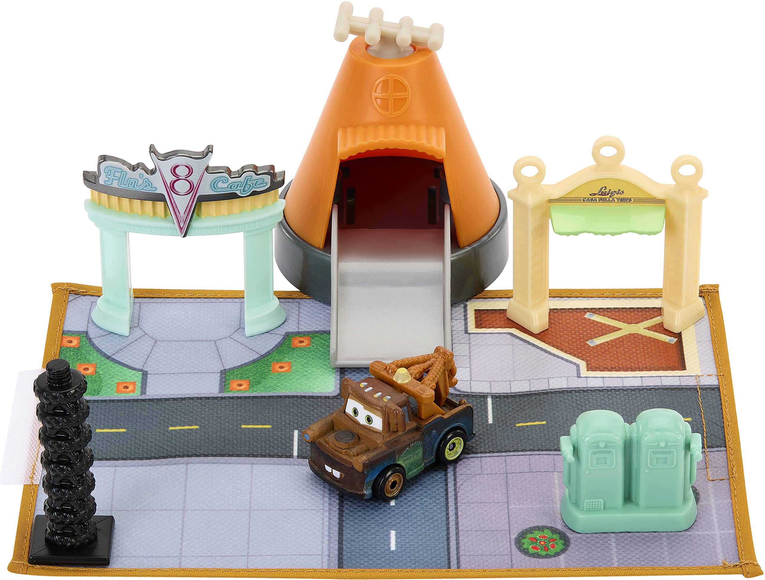 Mattel Disney and Pixar Cars Mini Racers Playset, On-the-Go Radiator Springs with 1 Mini Toy Car, Accessories & Portable Case