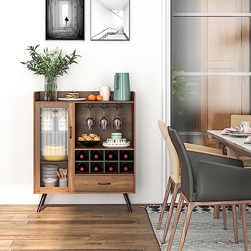 LOKO Wine Bar Cabinet, Farmhouse Coffee Bar Cabinet with Tempered Glass Door, 3-Row Glass Holder & 8-Grid Wine Rack, Buffet Sideboard with Wine Display, Rustic Brown