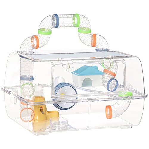 PawHut Hamster Cage, 2-Level Rat House Mouse Habitat with Accessories Tube Tunnels, Exercise Wheel, Water Bottle, Food Dish, Hut, 22" x 15" x 12.5", Transparent