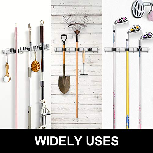 IMILLET Broom and Mop Holder Wall Mounted, Stainless Steel Broom Holder Mop Holder Self Adhesive Heavy Duty Hooks Storage Organizer for Home Laundry Room Garden Garage(3 Racks with 4 Hooks)