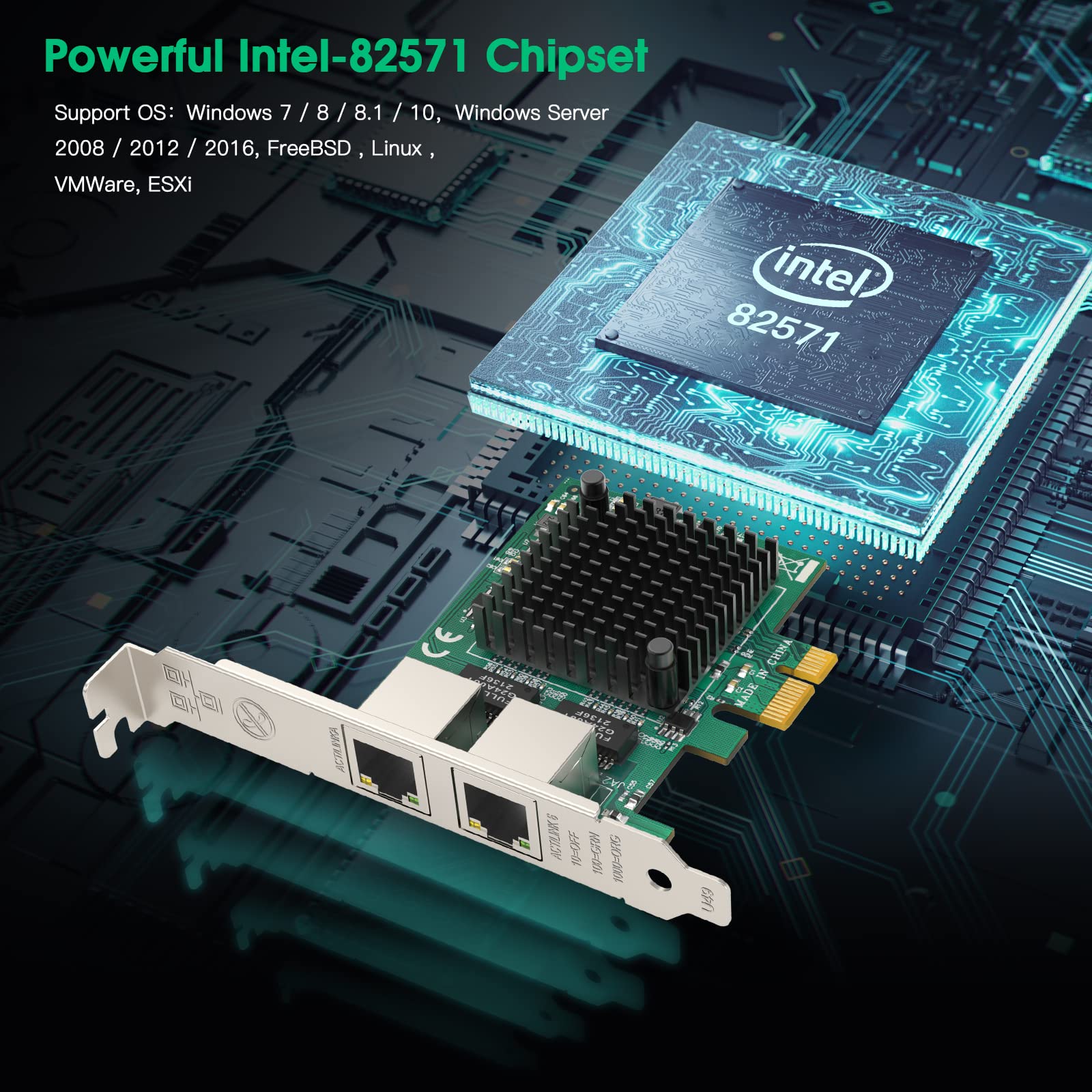 Gigabit Ethernet Converged 1G Network Card, Dual RJ45 Port Server Network Card with Intel 82571 Chipset Ethernet Adapter Low Profile LAN NIC Card for Support PXE for Windows/Windows Server/Linux