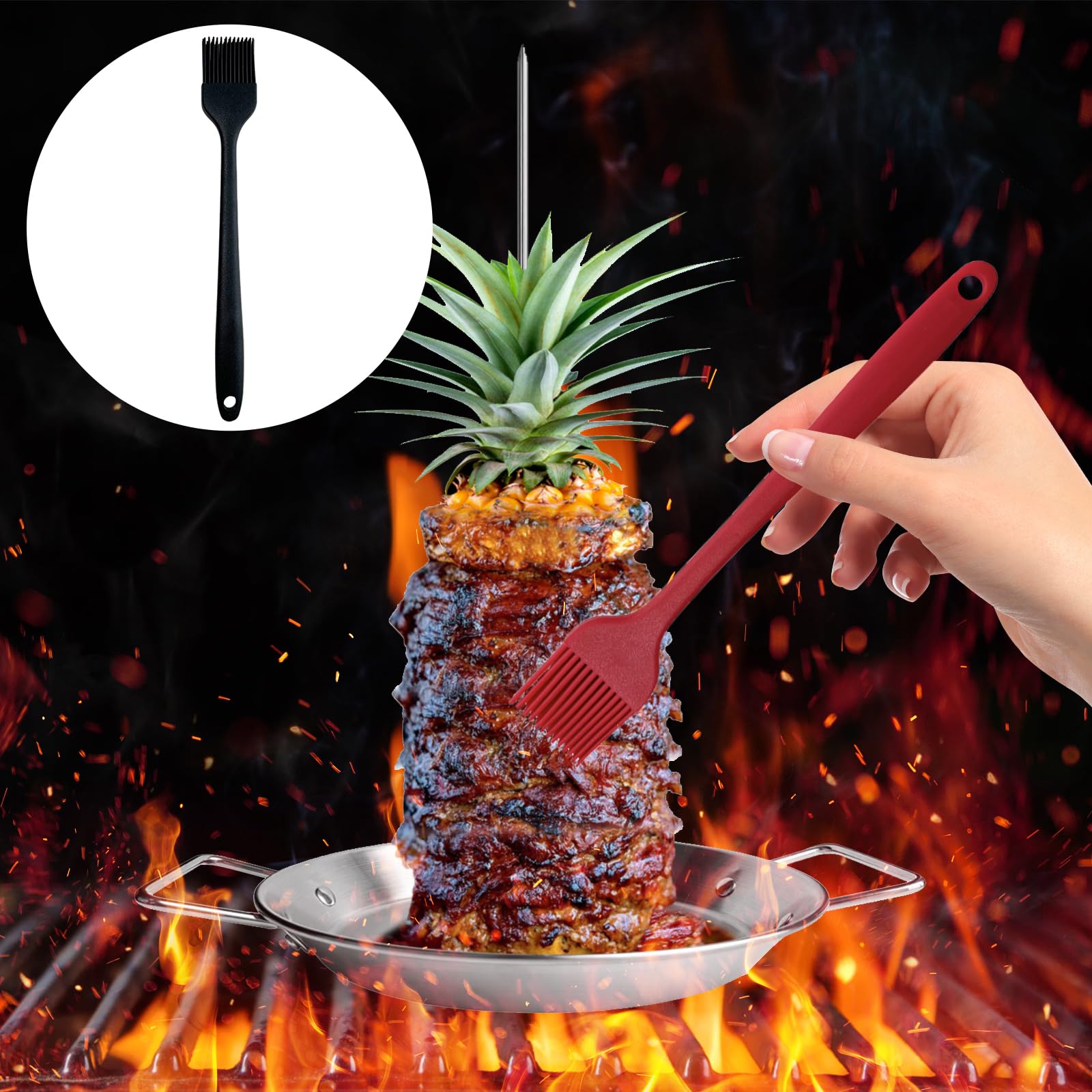 Fengzhe Al Pastor Skewer for Grill, Stainless Steel Vertical Skewer, Brazilian Spit Stand with 3 Spikes,2 Brushes,Ideal for Tacos Al Pastor,Shawarma, Kebabs on Smoker, Oven,with Fat Separator Tray.
