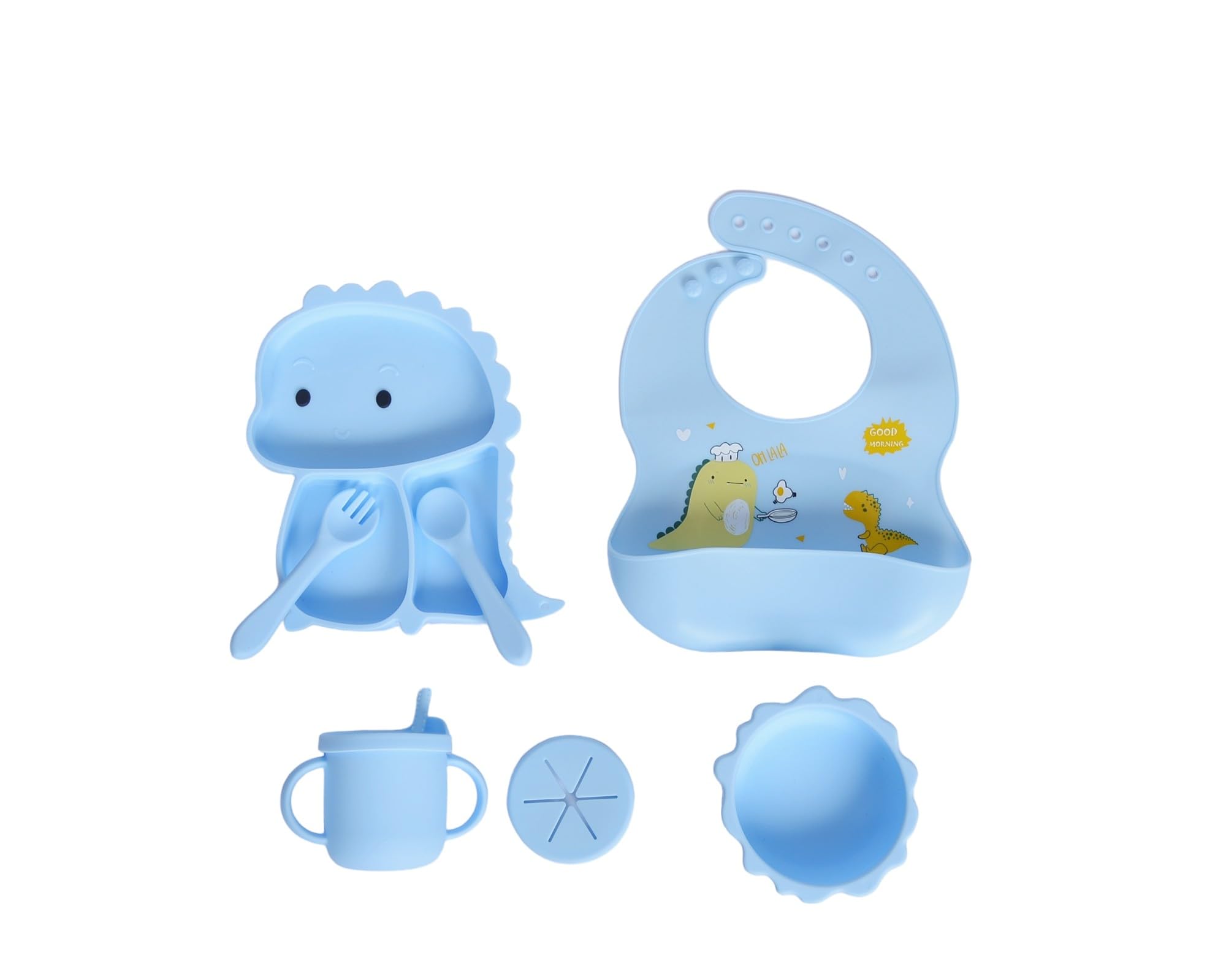 Silicone Baby Feeding Set, Baby Led Weaning Supplies, Eating Essentials Utensils with Suction Plate and Bowl, Pocket Bib, Sippy Cup with Lid, Forks Spoons Snack Container (Tropical Blue) 6M +