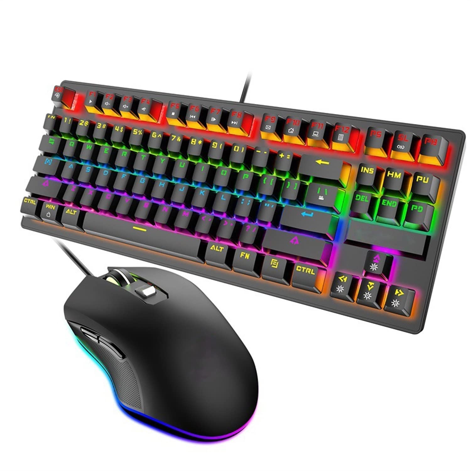 EXHNLE RGB Gaming Keyboard and Mouse - 87 Keys Compact Keyboard and Mouse LED Breathing Backlit Lightweight Optical Mouse, RGB Wired Gaming Set for Gamer