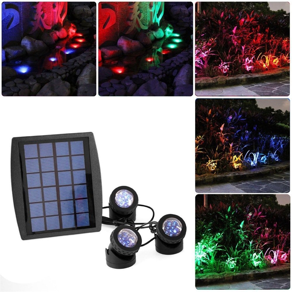 RivenAn 18 LEDs Solar Powered Submersible Lamps RGB Color Changing Landscape Ambiance Lighting Spotlight Projection Light for Garden Underwater Decoration (with 3 Submersible Lamps)
