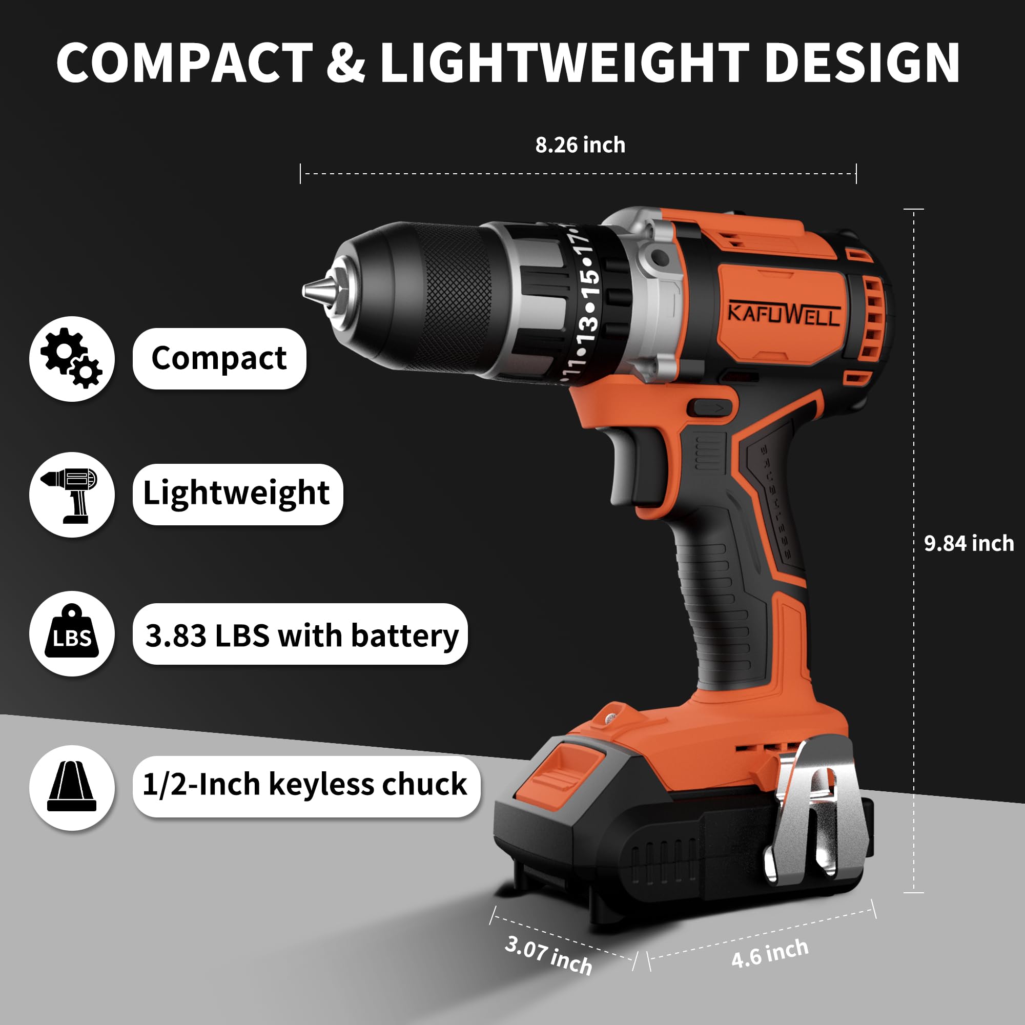 KAFUWELL Cordless Drill Set, 3-in-1 20V Power Drill with Battery and Charger, 1/2β Metal Chuck, 710 In-lbs Torque, 2 Variable Speeds, 20+3 Hammer Drill Driver