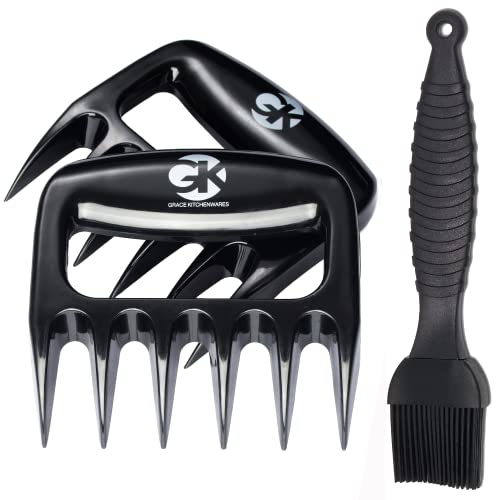 GK’s Premium Combo Set: Super Sharp Solid Meat Shredder Claws Plus Silicone Basting Brush | 1 Pair Meat Claws and 1 Piece Basting Brush | (Black)