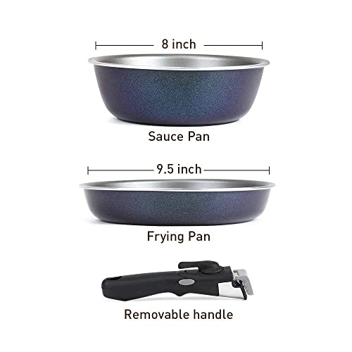SHINEURI 3 Pieces Removable Handle Cookware, Stackable Pots And Pans Set, Nonstick Pot and Pan Set,Nonstick Frying Pans for Home & Camping, Dishwasher Safe, Oven Safe - 8/9.5 inch