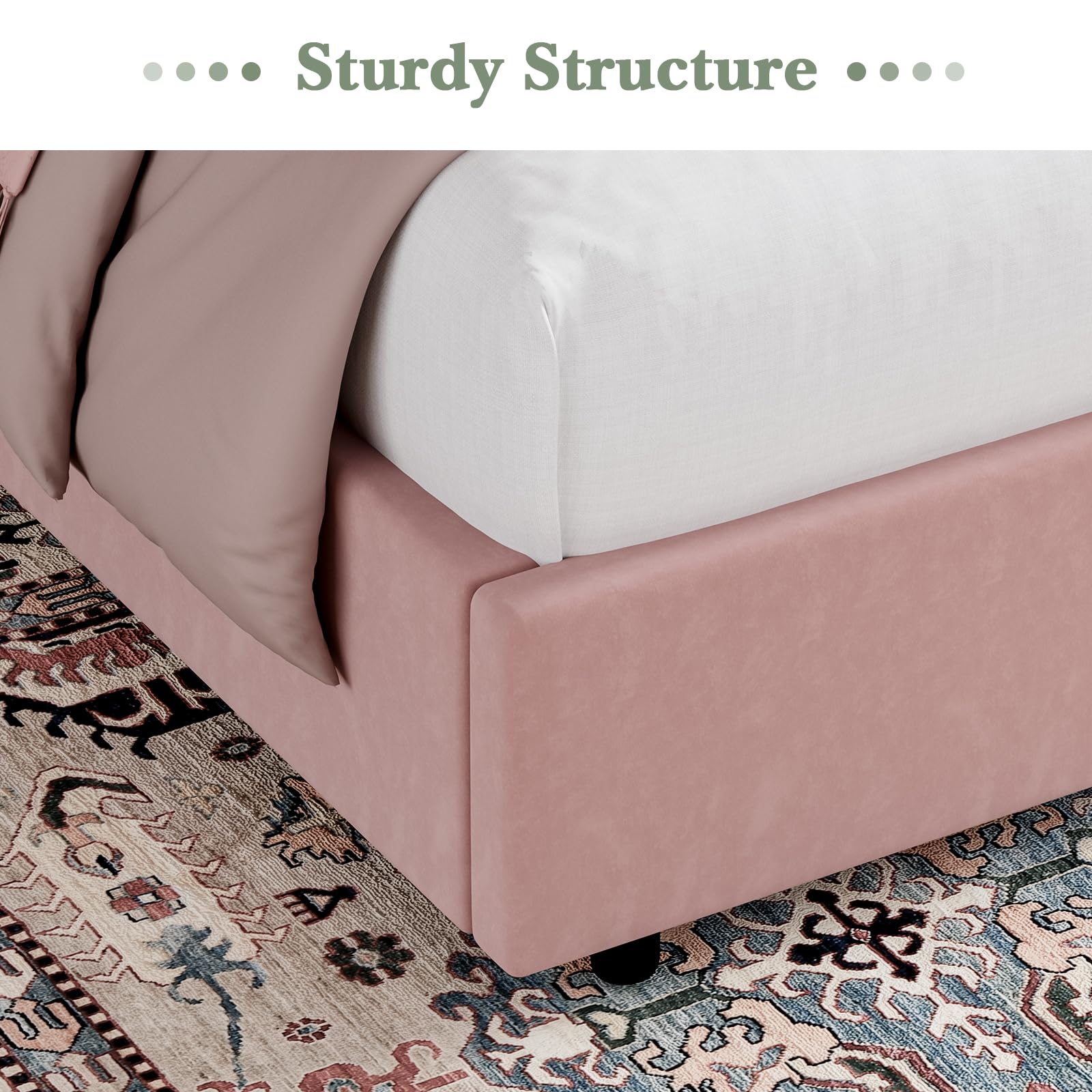 HOMBCK Queen Bed Frame, Pink Velvet Upholstered Bed Frame with Headboard and Wide Wingback, Soft Bed Frame Queen, No Box Spring Required, Noise Free, Easy Assembly, Pink