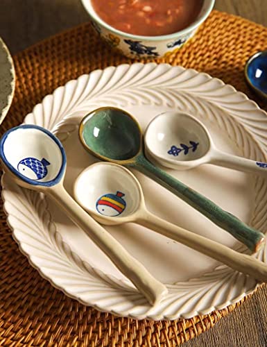 YUURAIN VUVU Japanese Large Spoon, Handmade Long Handle Asian Spoons, Retro Ceramic Spoons, Ramen Spoons, Pho Spoons, Large Soup Spoons with Cute Hand-Painted Pattern, Hand-Kneaded (2 Pieces) - D