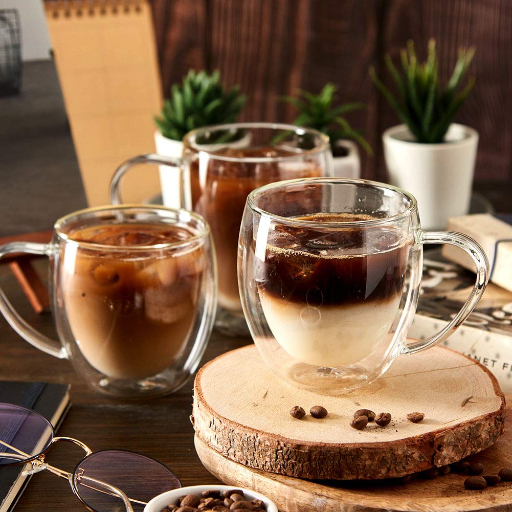 EZOWare Set of 4 Double Wall Coffee Mug Set, 8oz Clear Glass Thermal Insulated Cups with Handles for Hot or Cold Beverages, Espresso, Coffee, Tea, Cocoa, Latte, Cappuccino