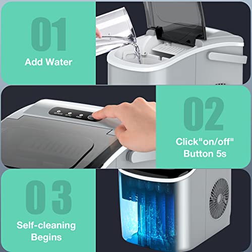 Ice Maker Countertop, Fast Ice Making in 6 Mins 9 Bullet-Shaped Ice, 26.5lbs/24Hrs, Portable Ice Maker Machine with Self-Cleaning, Scoop, Bags and Basket, for Home/Kitchen/Office/Bar/Party