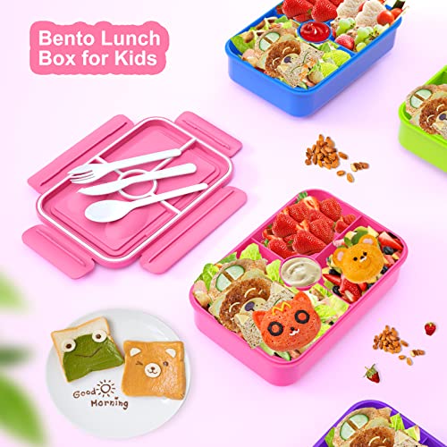 KEMETHY Bento Lunch Box for Kids, 4 Compartment Lunch Box Kids, Leak Proof Lunchbox with Tableware for Kids Lunch boxes for School, Microwave/Dishwasher/Freezer Safe, BPA-Free and Reusable, Pink