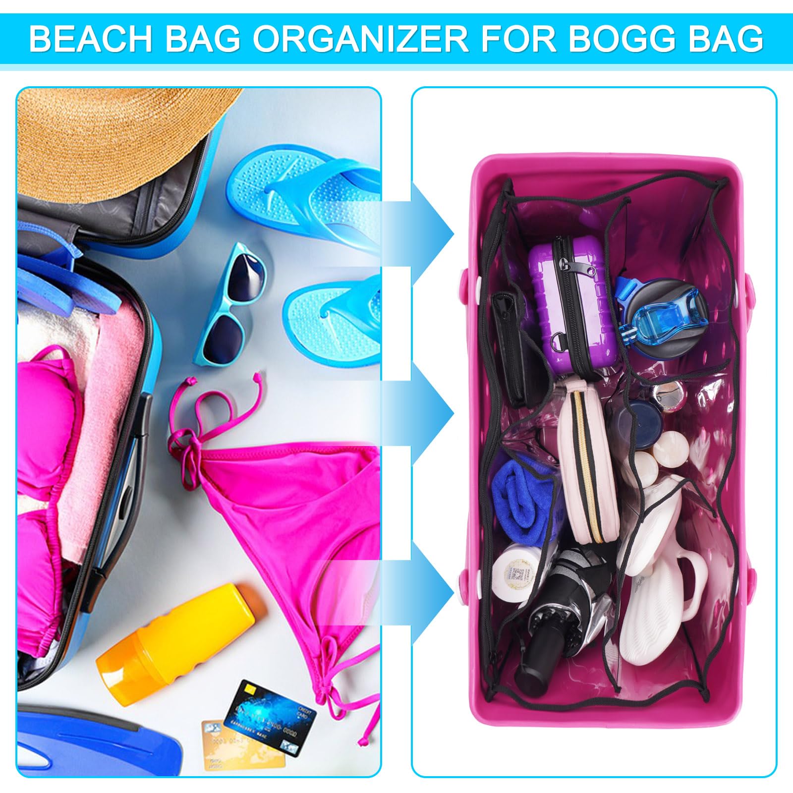 Fayayuan Clear Beach Bag Organizer Compatible with Original Bogg Bag X Large Size, Insert Divider Pouch Zipper for Bags Accessories,7 Pockets, Transparent & Black