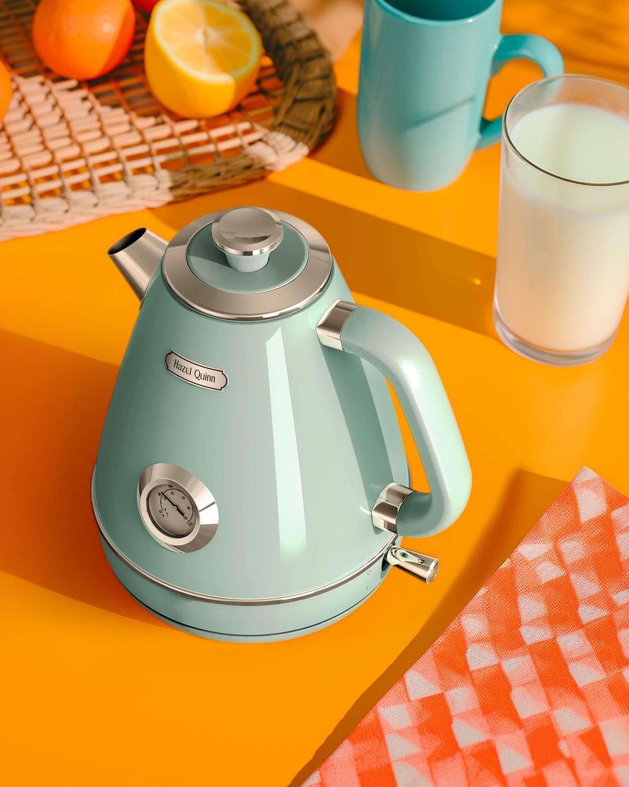 Hazel Quinn 1.7L Electric Kettle with Thermometer, Stainless Steel, 1200W Fast Boil, BPA-free, Cordless, Auto Shut Off - Mint Green
