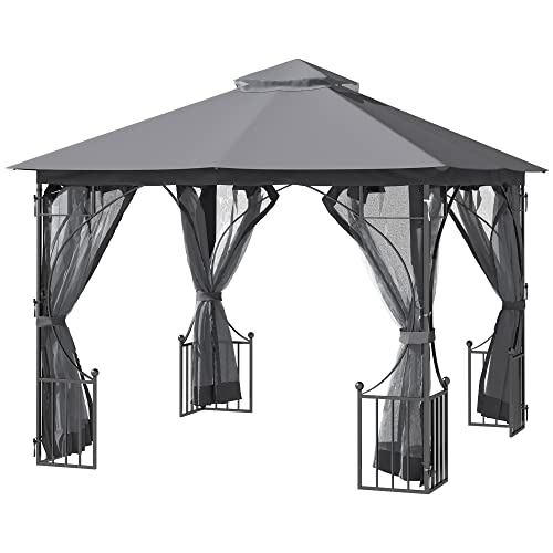 Outsunny 10' x 10' Patio Gazebo, Double Roof Outdoor Gazebo Canopy Shelter with Netting, Steel Corner Frame for Garden, Lawn, Backyard and Deck, Dark Gray