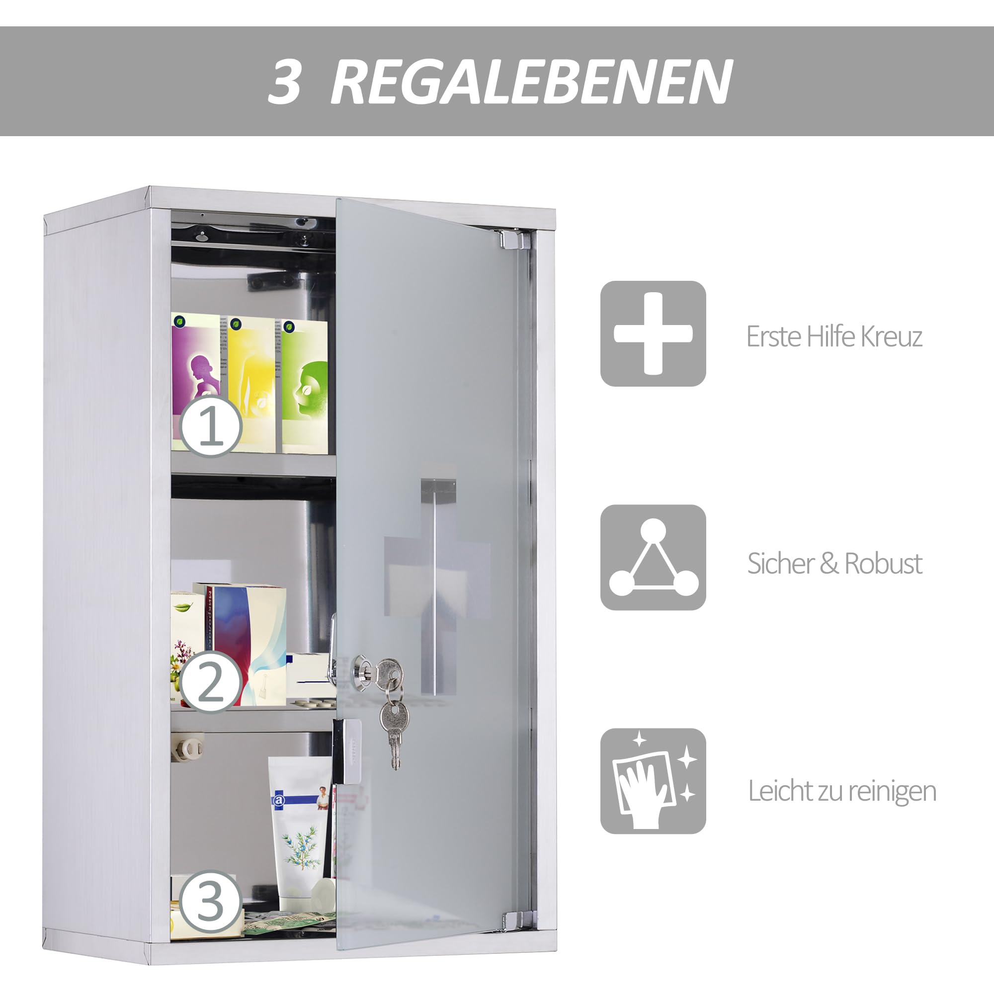 HOMCOM Wall Mounted Medicine Cabinet, Locking Wall Cabinet with 4 Tier Shelves, Stainless Steel Frame and Glass Door, Lockable with 2 Keys, Silver, 12" x 24"