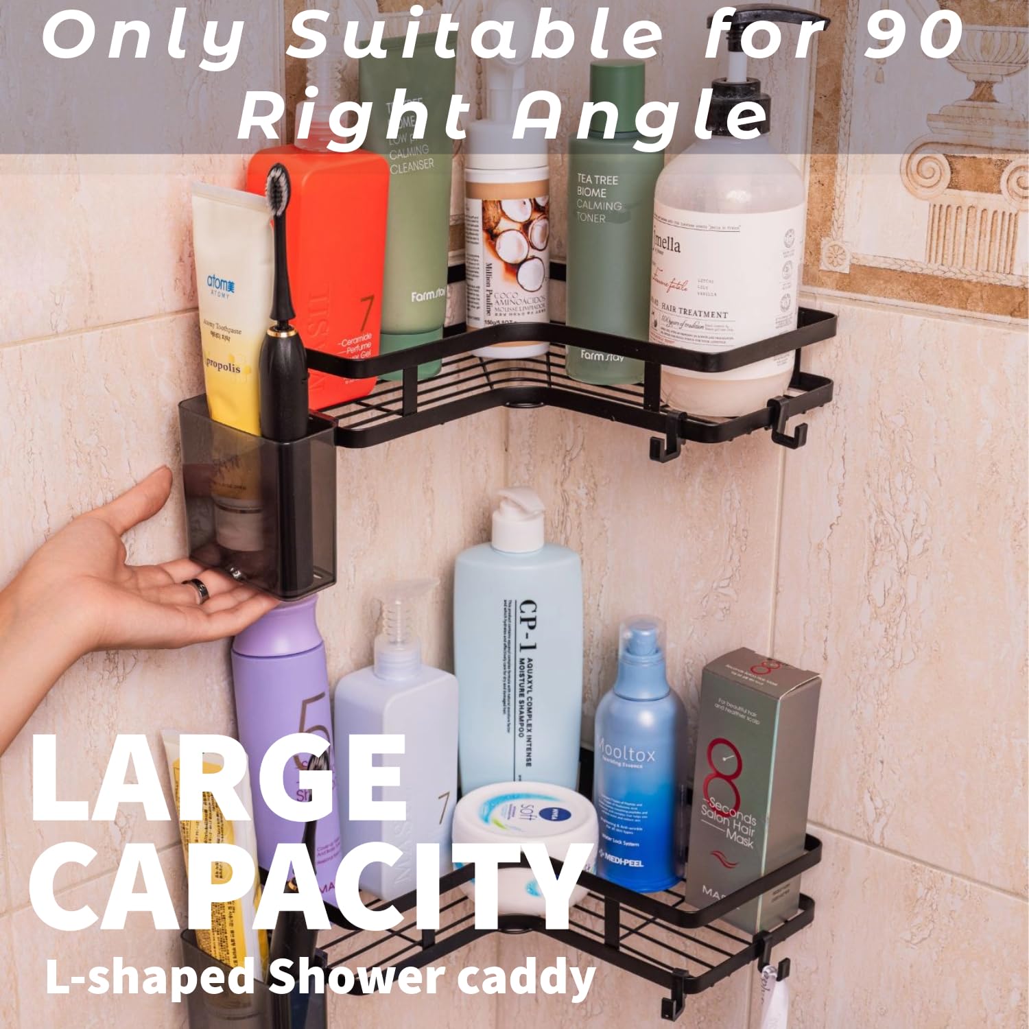 Generic Corner Shower Caddy, 2 Pack Adhesive Shower Corner Organizer Shelves, No Drilling Stainless Steel Shower Storage Rack with Hooks&Toothpaste Holder for Bathroom, Dorm and Kitchen, Black