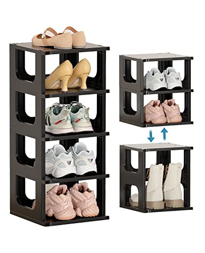 Shoe Organizer Shoe Rack for Small Spaces 5 Tier Plastic Vertical Narrow Shoe Shelves for Closet Black Shoe Holder, Stand For Entryway Shoe Storage Boots Organizer Stackable Shoe Cabinet