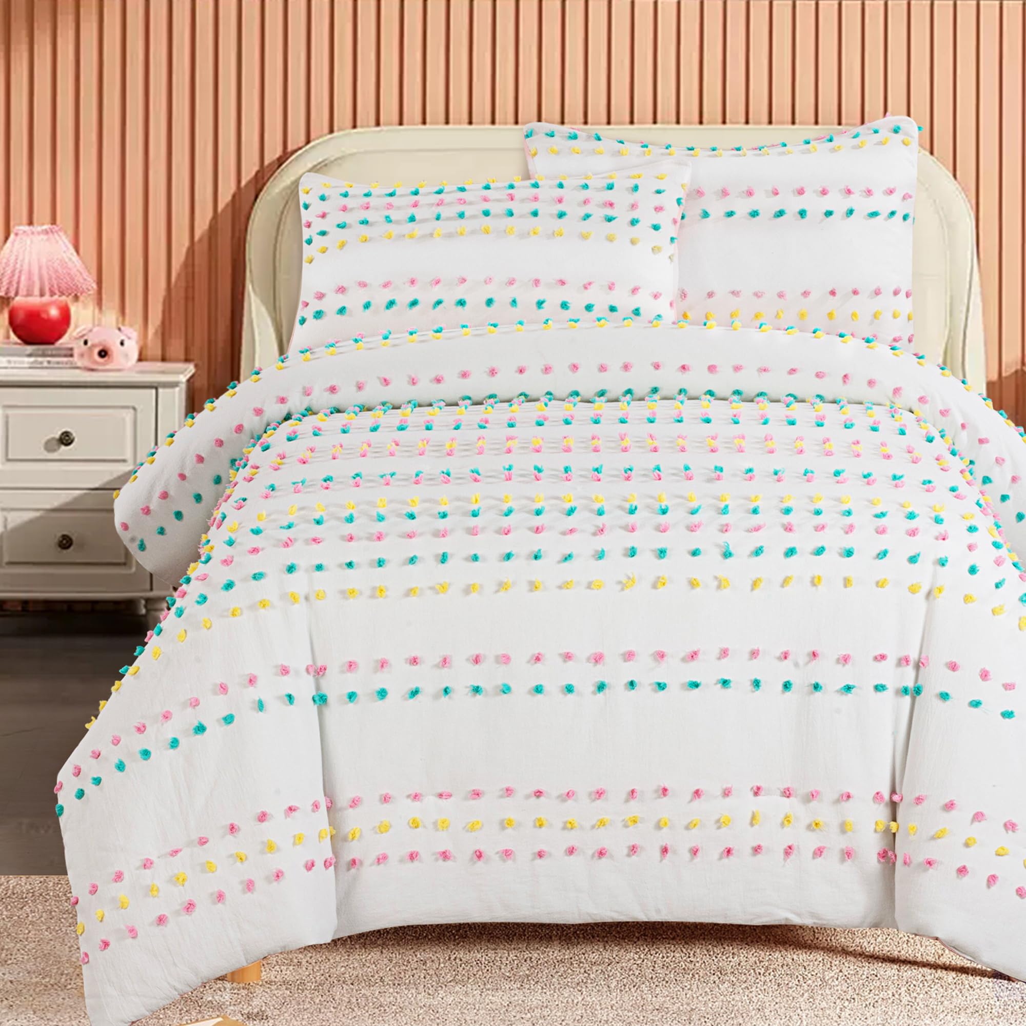 HOMBYS Tufted Pom Poms Bedding Comforter Set for Girls, 3 Piece White Boho Jacquard Kids Comforter Set for All Season,Twin/Twin XL Size