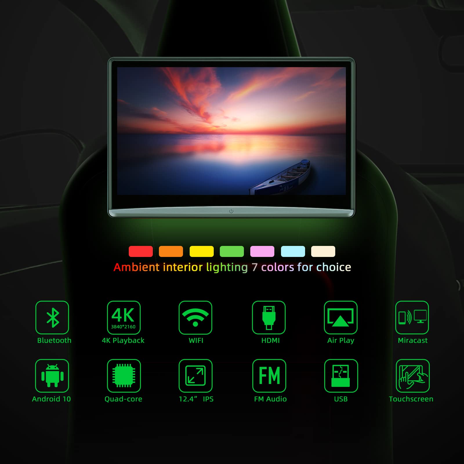 DDAUTO 12.4" Android 10 Car Headrest Video Player with 2.4G/5G WiFi TV Monitor Touch Screen, Support Netflix Youtube Sync Screens Phone Mirroring Bluetooth FM USB-DD125S