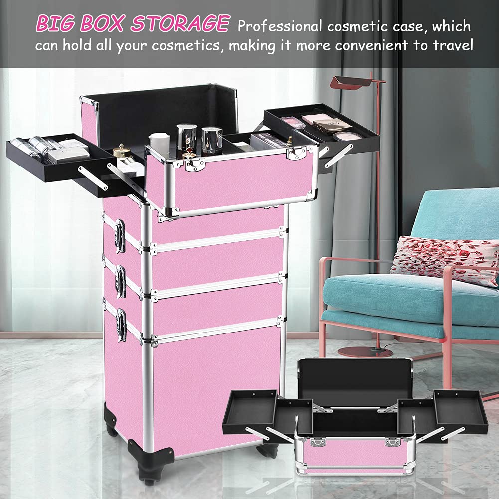 Cosmetic Rolling Makeup Train Case 4 in 1, Make Up Box Travelling Professional, Cosmetology Case on Wheels Pink Black Silver for Cosmetic, Hairstylist, Nail Technician, Tattoo