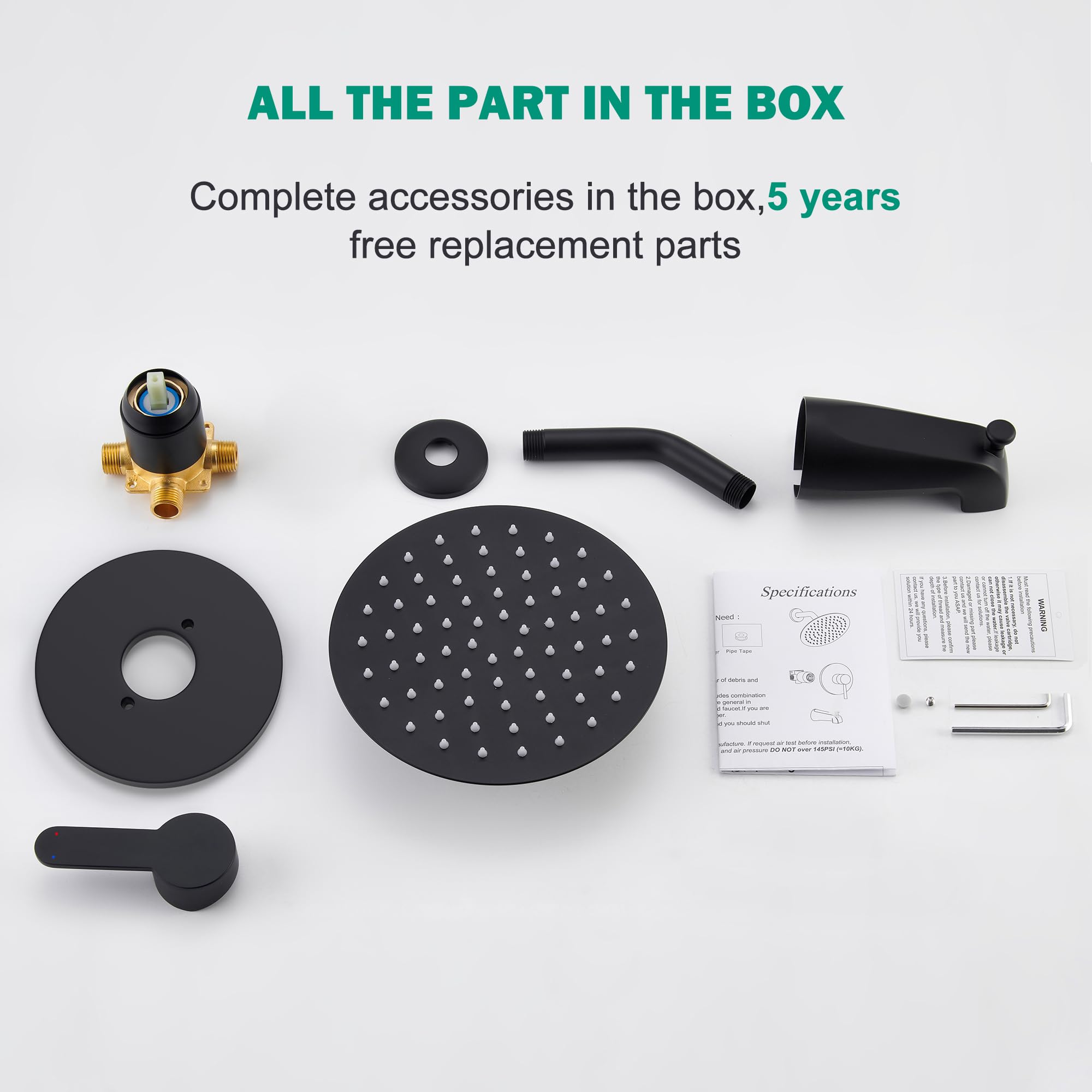 Esnbia Tub Shower Kit(Shower Valve Include), Black Shower Faucet Set with 8-Inch Rain Shower Head and Handle, Bathtub Shower Faucet Set, Single-Handle Tub and Shower Hardware Set, Matte Black