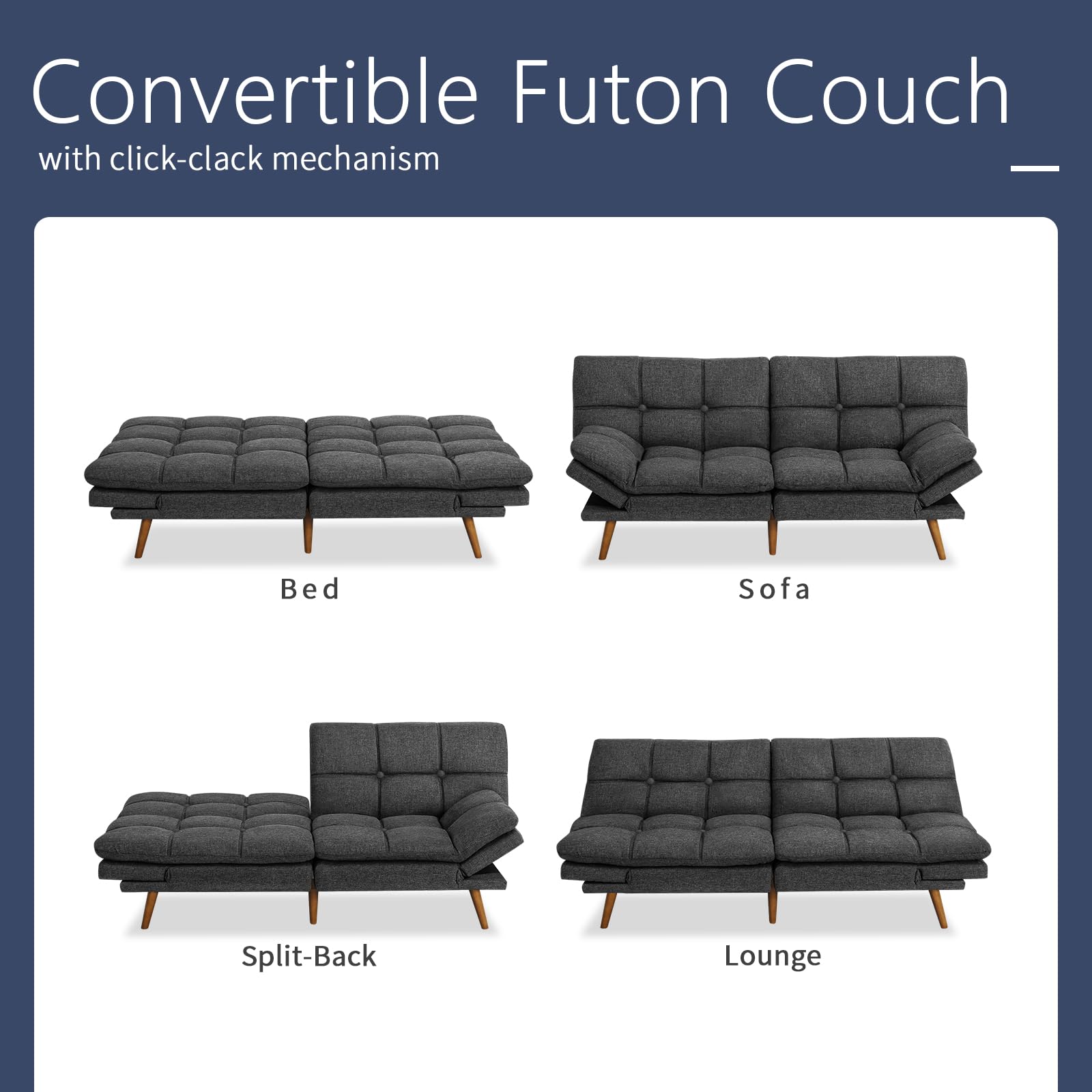IULULU Futon Sofa Bed, Modern Convertible Sleeper Couch Daybed with Adjustable Armrests for Studio, Apartment, Office, Small Space, Compact Living Room