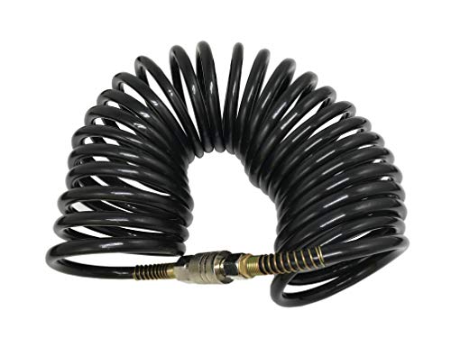 Heavy Duty Coiled Air Hose ID 1/4 Inch Polyurethane Air Compressor Coil Hose Solid Brass Coupler and Plug Recoil 1/4 inch x 25 feet