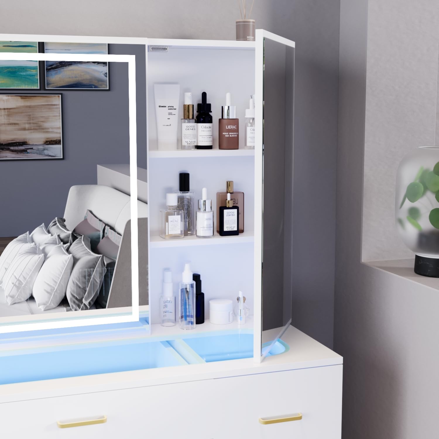 Jartoil Large Lighted Vanity Desk, 7 Drawers & Transparent Glass Tabletop, Adjustable Lighting - for Women, Girls (White-Glass Tabletop)