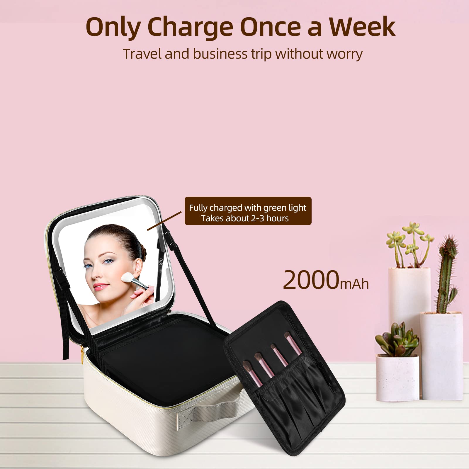Ginleder Beauty bag Waterproof Leather travel portable makeup case with Adjustable Big Led lights mirror Cosmetic Storage Box (Beige)