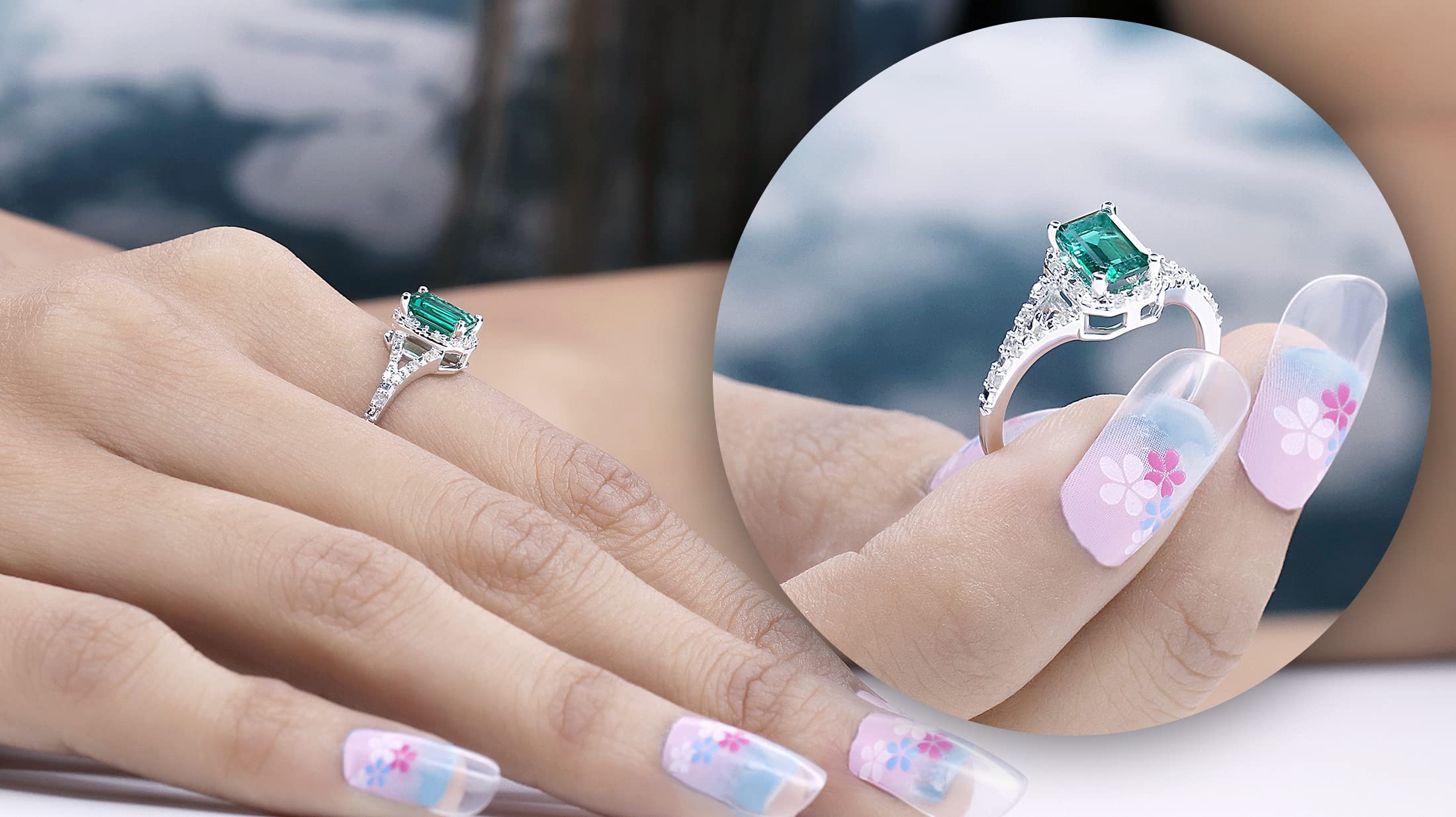Dazzlingrock Collection 7x5mm Lab Created Emerald & Round White Diamond Halo Split Shank Engagement Ring for Women in 925 Sterling Silver Size 5.5