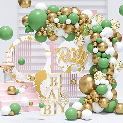 RHGBINLI Sage Green Gold Balloon Garland Kit 90pcs 18Inch 12Inch 10Inch 5Inch with Olive Green Metallic Chrome Gold and Gold Confetti Balloons for Bridal Shower Birthday Party Graduation Decorations
