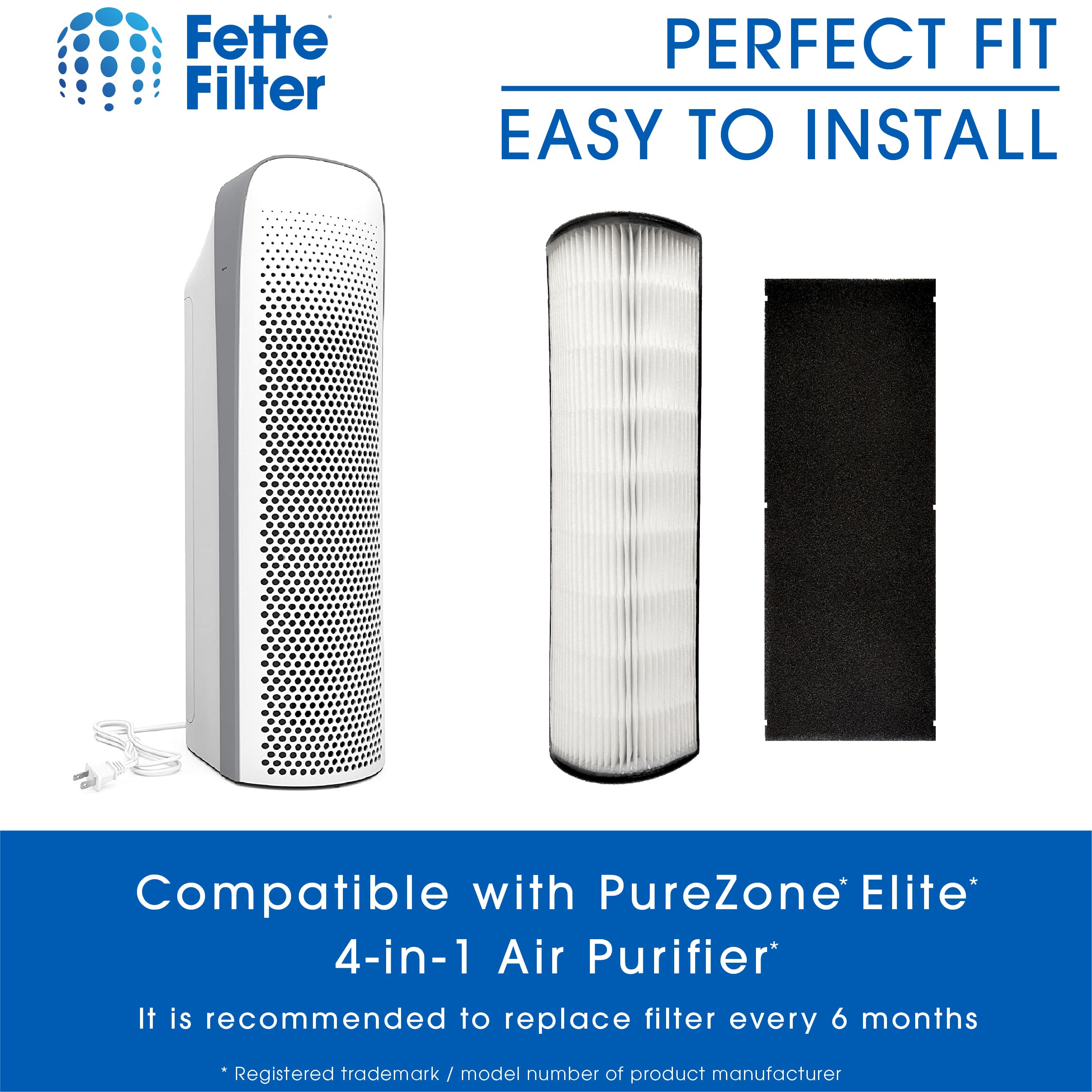 Fette Filter - Premium 2-in-1 True HEPA Replacement Filters Compatible with Pure Enrichment PureZone Elite 4-in-1 Air Purifier (PEAIRTWR) (Pack of 2)