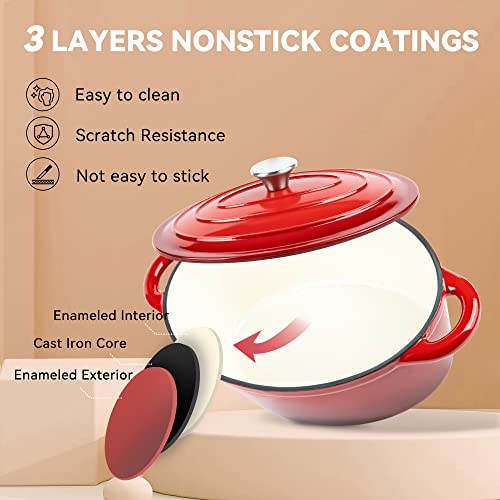 Kerilyn 4.5 QT Enameled Oval Dutch Oven Pot with Lid and Dual Handles, Cast Iron Dutch Oven for Cooking, Bread Baking, Non-stick Enamel Coated Cookware (Red)