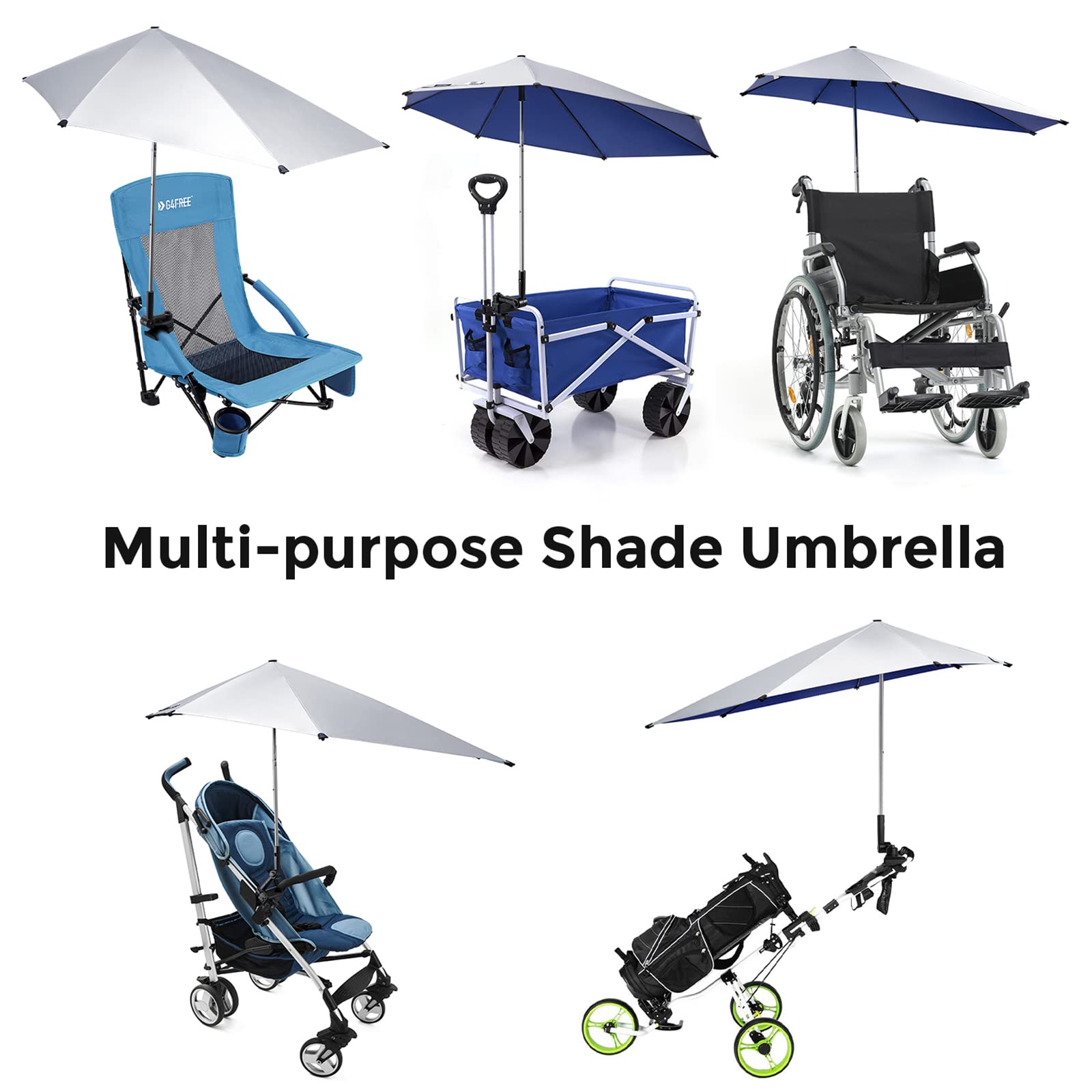 G4Free 2 Pack Height Adjustable Chair Umbrella with Universal Clamp for Beach Chair, Golf Cart, Wheelchair, Stroller, Wagon (Lake Blue & Deep Blue)
