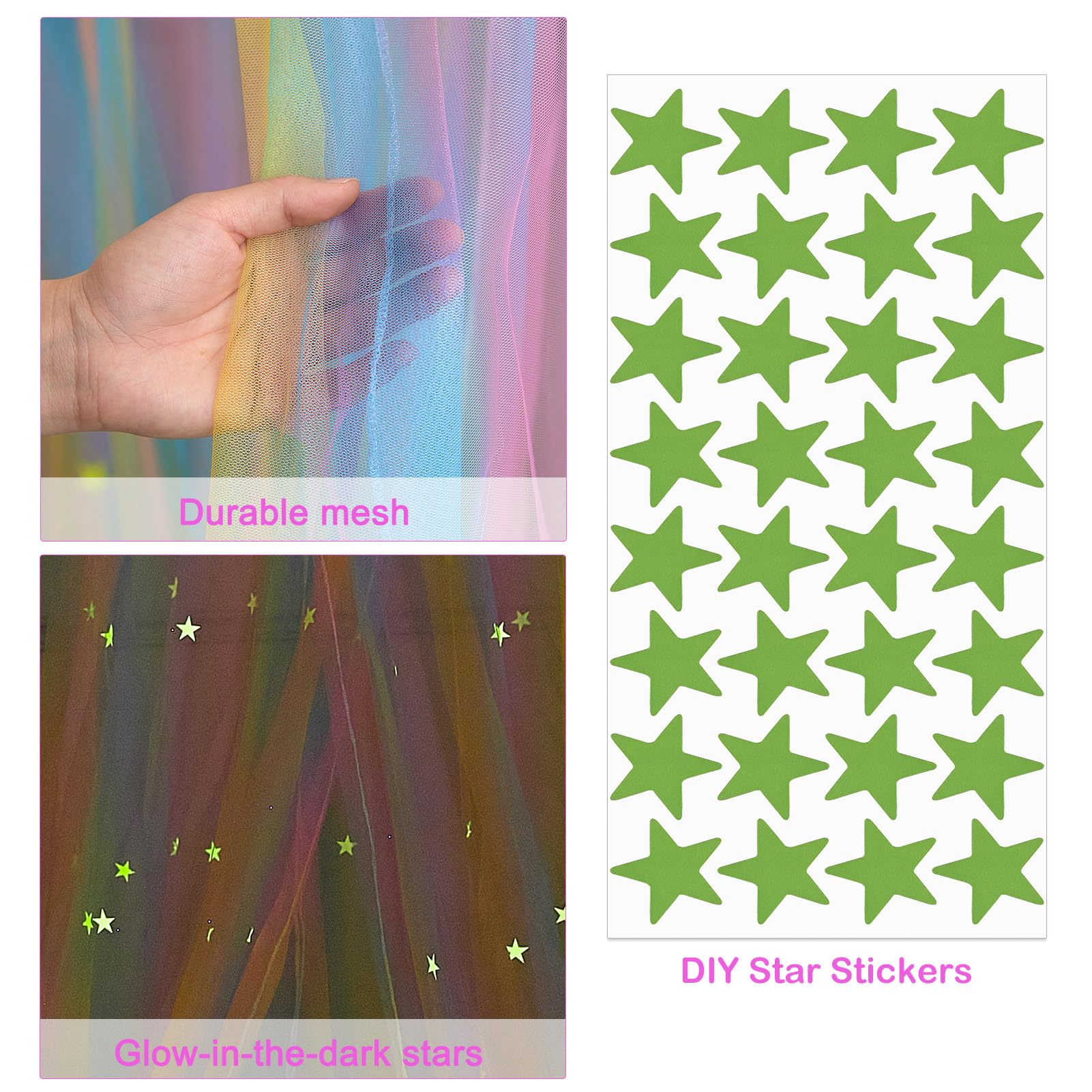 FIOBEE Bed Canopy Bed Curtains Mosquito Net Room Décor with Stars for Bedroom, Rainbow